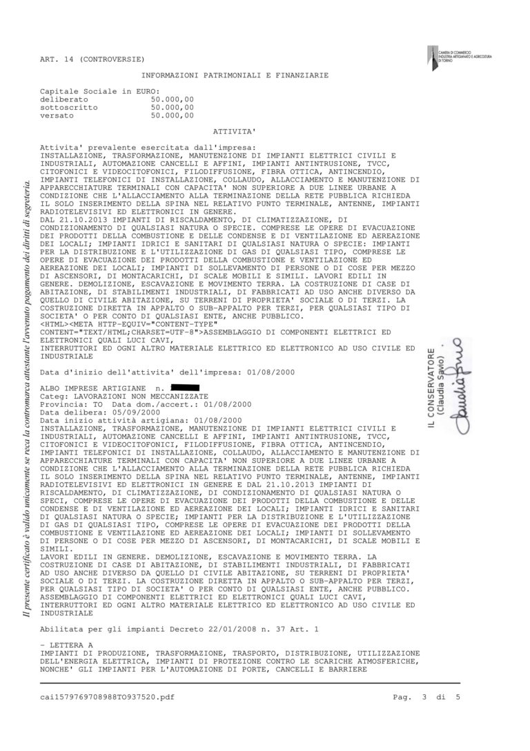 Certificato camerale di iscrizione alla CCIAA - VisuraSI